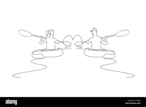 Young Couple In Love Canoe Kayak Boat Activity Love Heart Icon Simple Line Art Design Stock