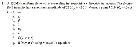Solved A 150mhz Uniform Plane Wave Is Traveling In The