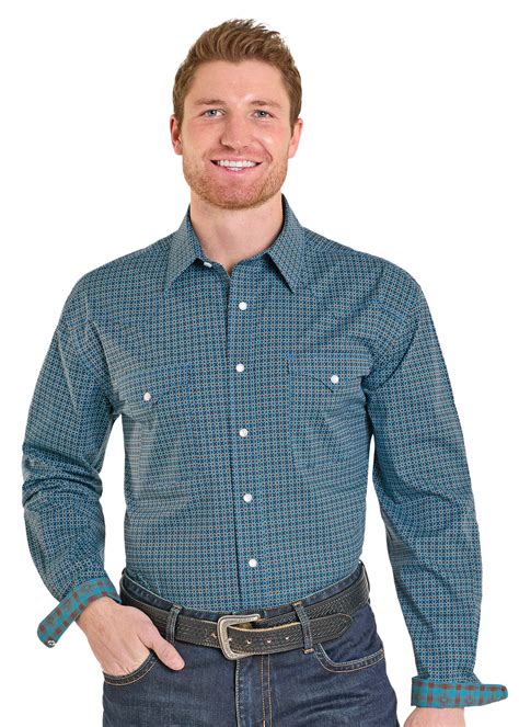 Mens Rough Stock Diamond Plaid Long Sleeve Snap Shirt Panhandle Slim
