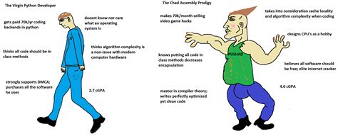 the virgin python developer vs the chad assembly prodigy r virginvschad