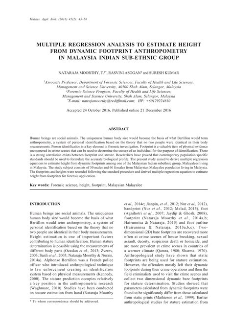 Pdf Multiple Regression Analysis To Estimate Height From Dynamic Footprint Anthropometry In
