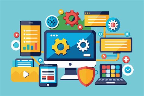 A Vibrant And Colorful Digital Workspace Displaying Gears Graphs And Various Devices For