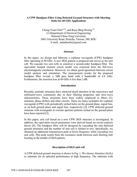 Pdf A Cpw Bandpass Filter Using Defected Ground Structure With Shorting Stubs For 60 Ghz