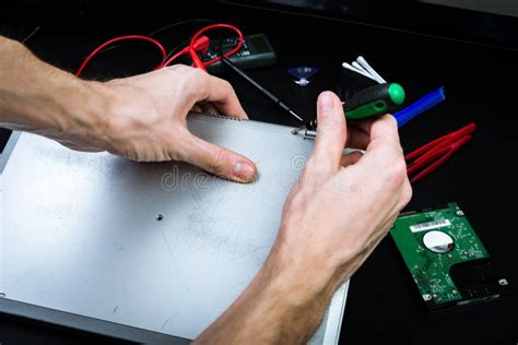Disassembly Of The Laptop On A Black Desk Stock Photo Image Of Electronics Equipment 111518774
