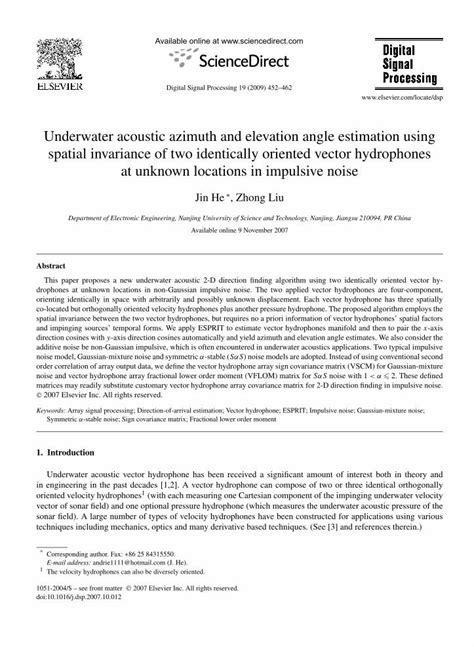 Pdf Underwater Acoustic Azimuth And Elevation Angle Estimation Using