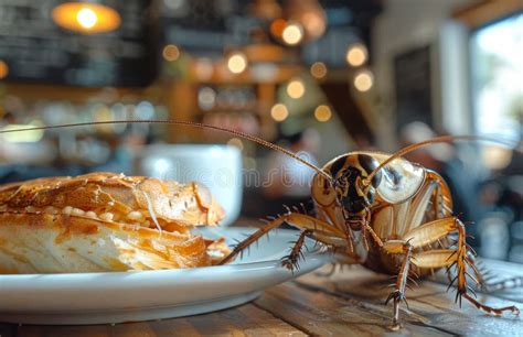 Cockroach Is Eating Sandwich On The Table In The Restaurant Stock