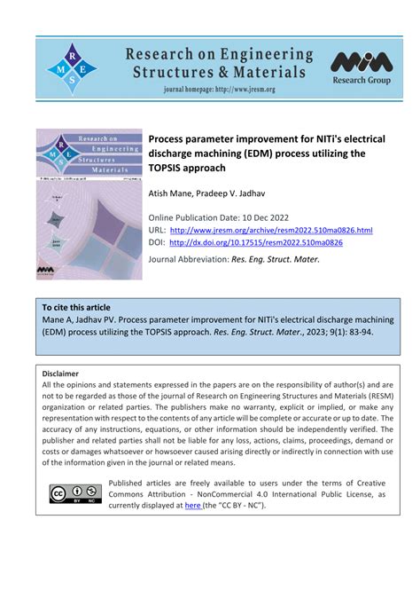 Pdf Process Parameter Improvement For Nitis Electrical Discharge