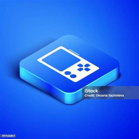 아이소메트릭 휴대용 비디오 게임 콘솔 아이콘파란색 배경에 격리 게임 패드 기호입니다 게임 개념 파란색 사각형 버튼입니다 벡터