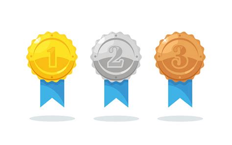 금메달 은메달 별과 동메달 1위 트로피 배경에 고립 된 우승자에 대한 상 리본이 달린 황금 배지 성취 승리 개념 벡터 만화 플랫 디자인 1에 대한 스톡 벡터 아트 및 기타