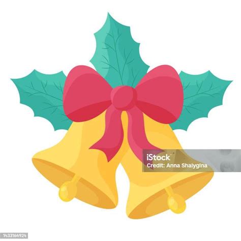 활과 홀리 잎이있는 크리스마스 종소리 흰색 배경에 고립 된 크리스마스 디자인 요소 휴일 기호 두 개의 울리는 황금 종소리의 평면 벡터 일러스트 레이 션 0명에 대한 스톡