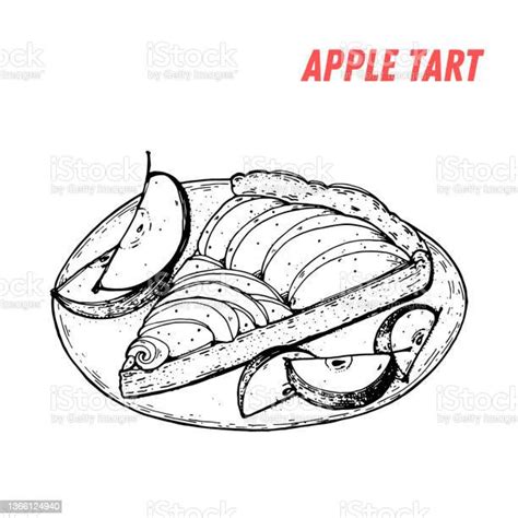 프랑스 디저트 사과 타르트 스케치 프렌치 페이스트리 음식 메뉴 디자인 템플릿입니다 손으로 그린 스케치 벡터 그림 애플 파이에