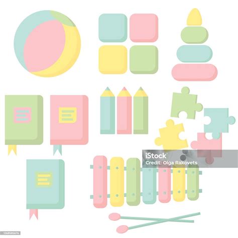 유치원 속성 평면 스타일의 장난감과 문구류 공 큐브 피라미드 실로폰 책 퍼즐 파란색 분홍색 녹색과 노란색 벡터 일러스트를 사용하여 연필 개념에 대한 스톡 벡터 아트 및 기타