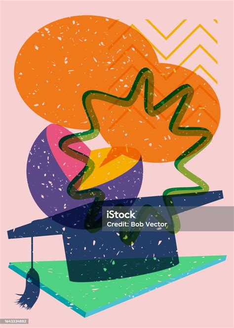 말풍선과 다채로운 기하학적 모양이 있는 졸업 모자 트렌디한 리소 그래프 디자인의 교육 개념 기하학 요소 추상 리소그래프 인쇄 질감 스타일 Brand Name Online