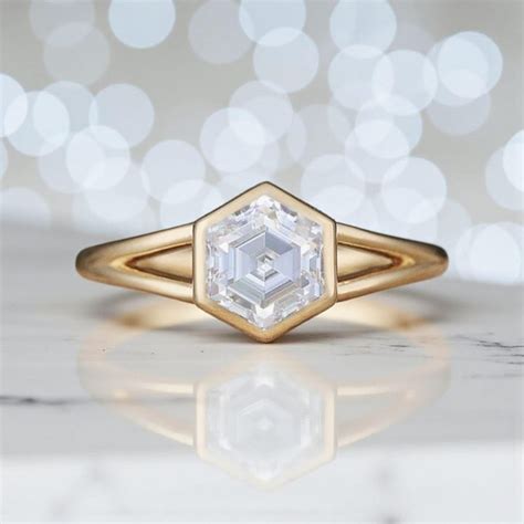 Minimalist Hexagon Moissanite Engagement Ring Yellow Gold Bezel