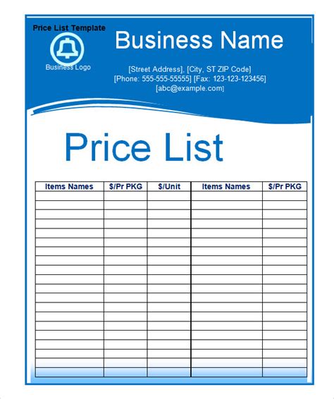 Price List Template Excel