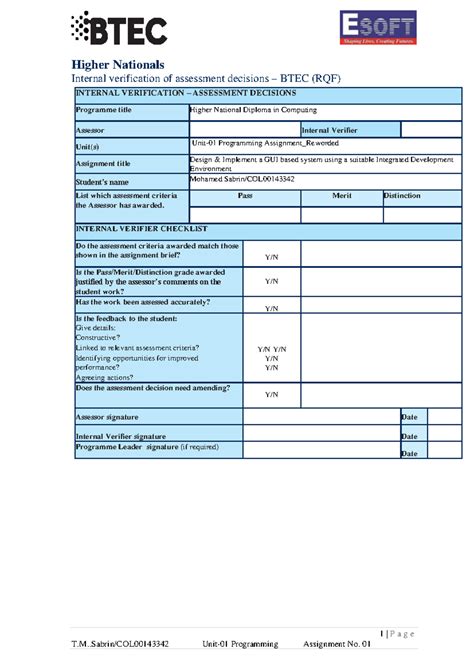 Unit 01 Programming Assignment Reworded 1 P A G E Higher Nationals Internal Verification Of