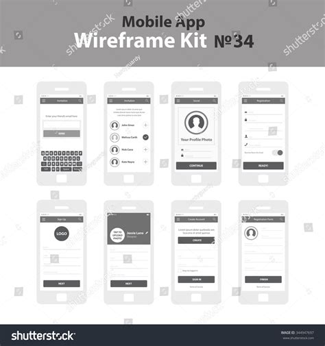 Mobile Wireframe App Ui Kit 34 Stock Vector Royalty Free 344947697 Shutterstock