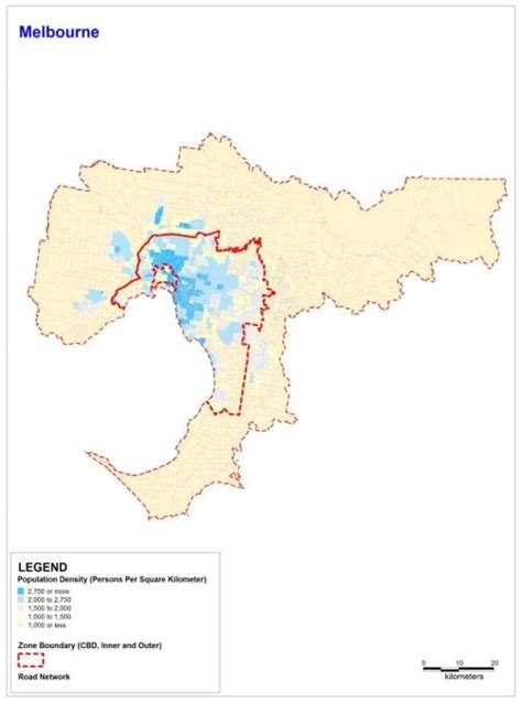 A Melbournes Population Density And Road Network With Large Zones