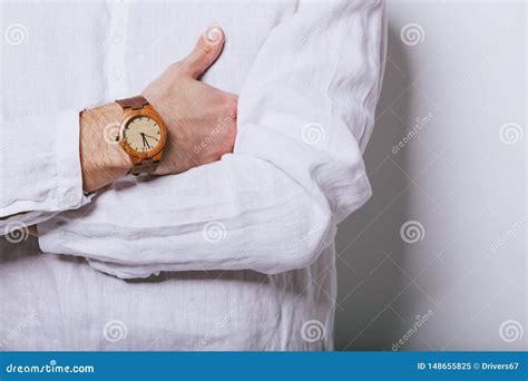 A Man In An Elegant White Shirt With A Clock On His Hand Stock Image Image Of Copy Body