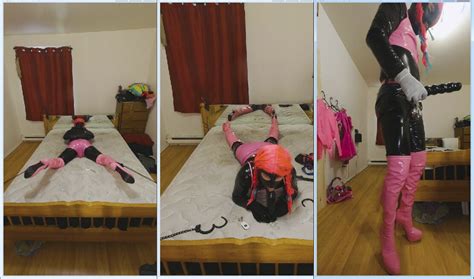 Self Bondage In Pvc Catsuit Boots Bra And Panties Locked In Chastity Gagged Shemale Porn Xhamster