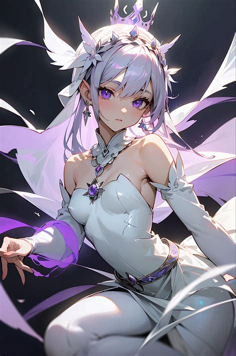 Anime Girl With White Hair And Purple Eyes Sitting On A Black Surface