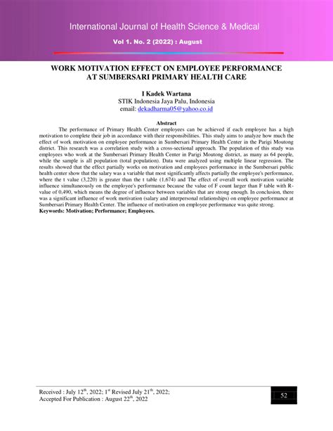 Pdf Work Motivation Effect On Employee Performance At Sumbersari