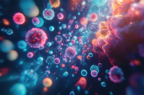 Viruses Engaging With Cells In A Vibrant Microscopic Landscape Shows Dynamic Interactions In A