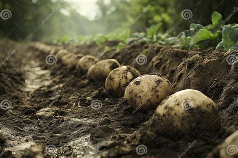 Potatoes Growing In Freshly Mounded Earth Under Soft Sunlight In A