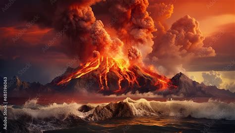 An Erupting Volcano Surrounded By The Sea Lifting Clouds Of Ash And