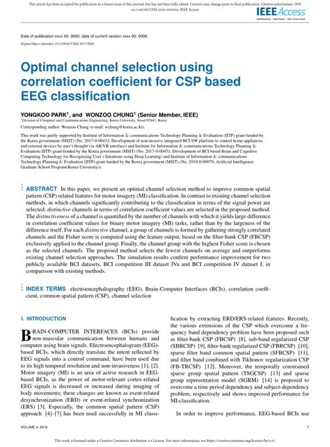 PDF Optimal Channel Selection Using Correlation Coefficient For CSP Based EEG Classification