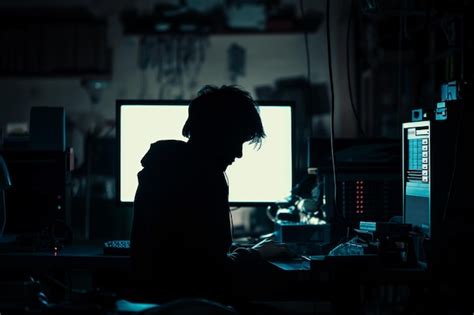 silhouette of a person working at a computer in a dark room with