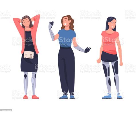 Happy Woman Character With Replaced Robotic Body Part Prosthesis Restoring Normal Functioning