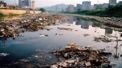 오염된 강이 생태계에 미치는 파괴적인 영향을 드러내면서 산업화의 비극적인 여파를 목격하십시오 프리미엄 사진