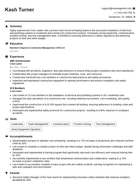 Crew Leader Resume Template Resumegemini Online Resume Builder