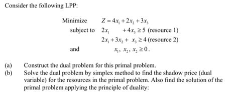 Solved A Construct The Dual Problem For This Primal Chegg Com