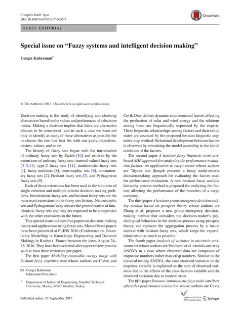 Pdf Special Issue On “fuzzy Systems And Intelligent Decision Making”