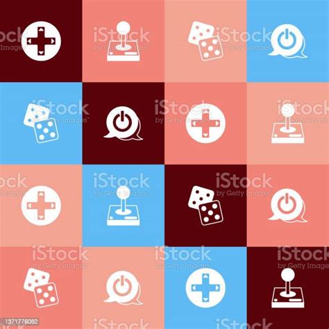 팝 아트 게임 컨트롤러 또는 조이스틱 아케이드 기계조이스틱 주사위 및 전원 버튼 아이콘을 설정합니다 벡터 Brand Name