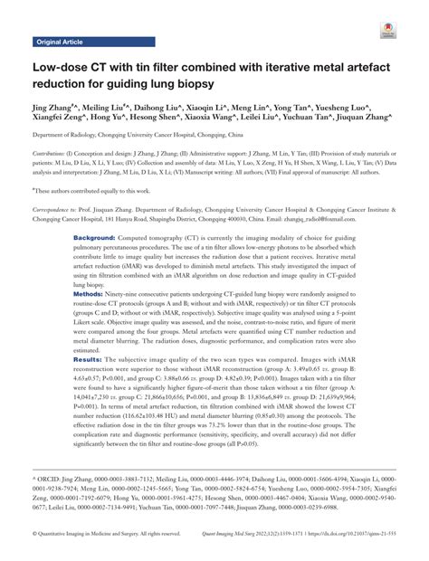 Pdf Low Dose Ct With Tin Filter Combined With Iterative Metal Artefact Reduction For Guiding