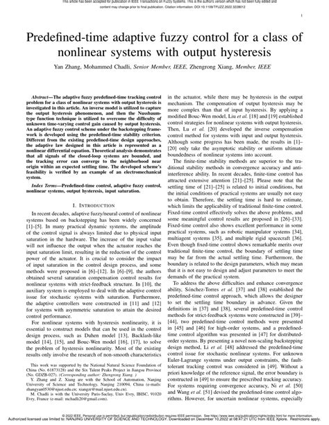 PDF Predefined Time Adaptive Fuzzy Control For A Class Of Nonlinear Systems With Output Hysteresis
