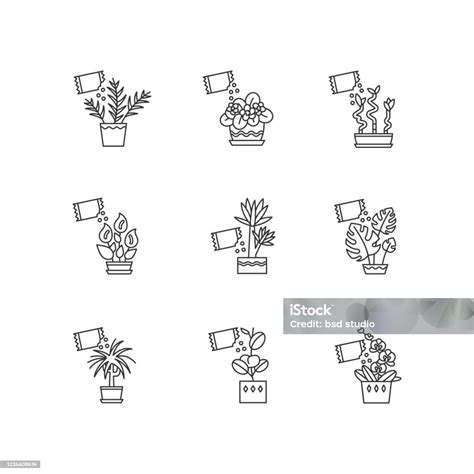 하우스 플랜트 비료 화소 완벽한 선형 아이콘 세트 길들여진 식물에게 먹이주기 성장 보조 제 사용자 정의 가능한 얇은 선 윤곽 심볼 격리된 벡터 개요 그림입니다 편집 가능한