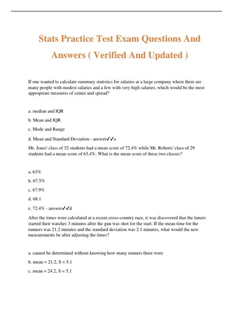 Stats Practice Test Exam Questions And Answers Verified And Updated Summary Statistics