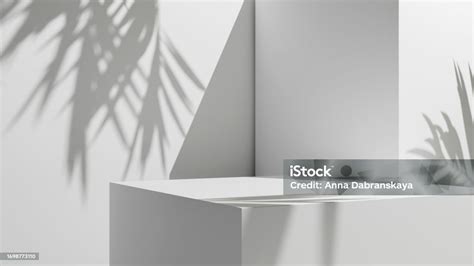 부드러운 빛과 야자수 잎 그림자가 있는 흰색 추상적인 기하학적 형태 디자인과 광고 및 생산 배치를 위한 빈 흰색 테이블 빈 빈 공간과 흰색 빈 벽 배경이 있는 미니멀리즘