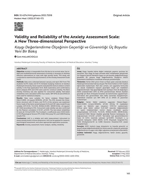 Pdf Validity And Reliability Of The Anxiety Assessment Scale A New Three Dimensional Perspective