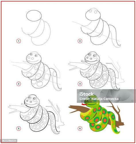 페이지는 귀여운 작은 장난감 뱀을 단계별로 그리는 방법을 배우는 방법을 보여줍니다 아이들의 그림 그리기와 색칠 기술 개발 어린이 학교 연습장을 위한 인쇄 가능한 워크시트