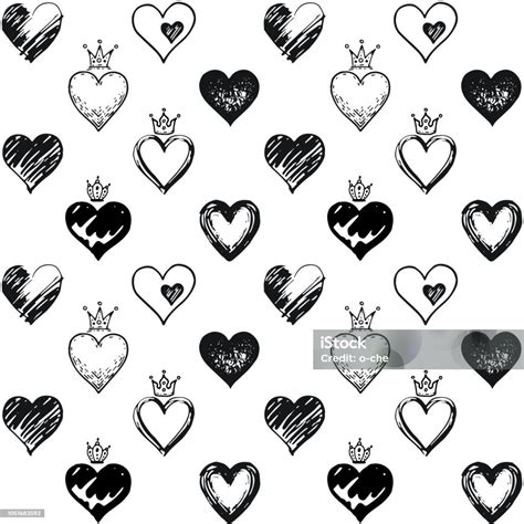 완벽 한 하트 패턴 손으로 그린된 스케치 벡터 일러스트 레이 션 낙서 스타일에 로맨틱 한 사랑 배경입니다 흰색에 검정 잉크 기호 격리입니다 섬유 인쇄 포장지 공주에 대한