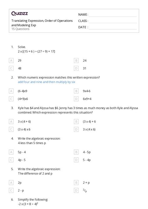 50 algebraic modeling worksheets for 8th year on quizizz free