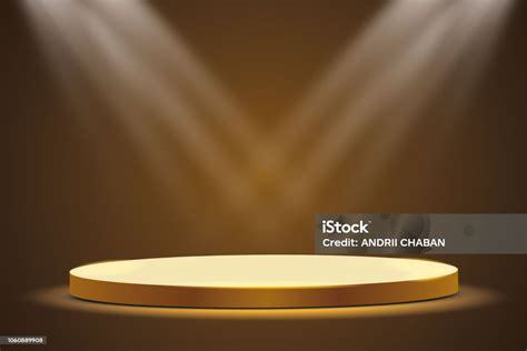 어두운 배경 첫 번째 장소 명성과 인기에 스포트 라이트와 함께 골든 연단 벡터 일러스트 레이 션 승리 동작 활동에 대한 스톡 벡터 아트 및 기타 이미지 Istock