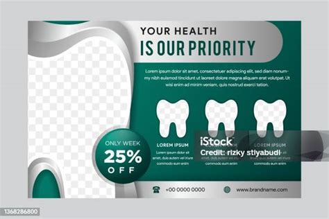 헤드 라인을 사용하여 수평 전단지 디자인은 우리의 우선 순위입니다 사진 콜라주를위한 치아 모양 조합 그린과 그레이 그라데이션 색상 광고에 대한 스톡 벡터 아트 및 기타