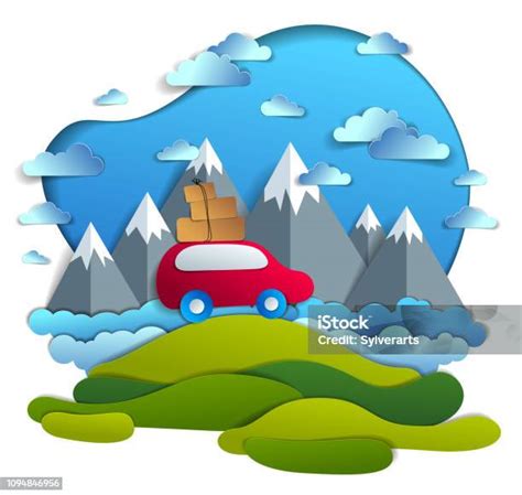 자동차 여행 및 관광 백그라운드에서 산 봉우리 하늘에 구름도로 화물 승마와 빨간 미니밴 종이 아름 다운 자연 풍경에 자동의 벡터 그림을 잘라 3차원 형태에 대한 스톡 벡터