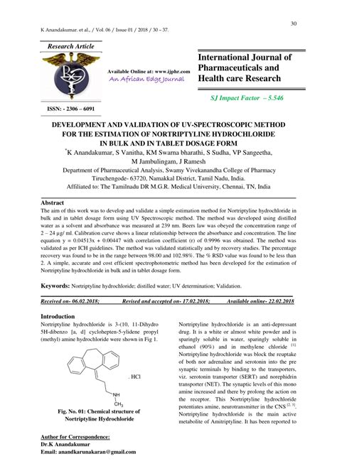 Pdf Development And Validation Of Uv Spectroscopic Method For The Estimation Of Nortriptyline
